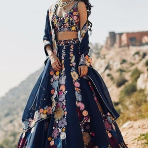 Blue Lengha Choli With Printed Flower Design Ready to Wear Custom Made ...