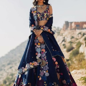 Blue Lengha Choli With Printed Flower Design Ready to Wear Custom Made ...