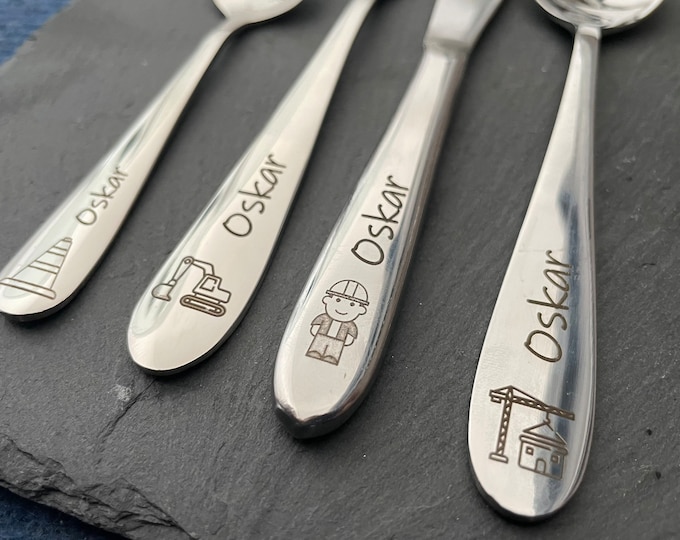 Children's Cutlery Construction Vehicles 4-piece Incl. Engraving - Etsy