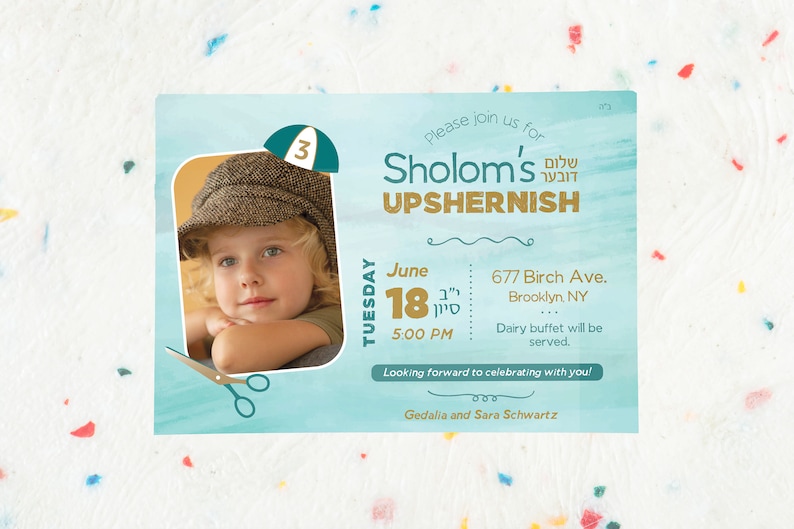 Upsherin Invitation, Personalized Photo Upshernish Invite, Aqua and ...