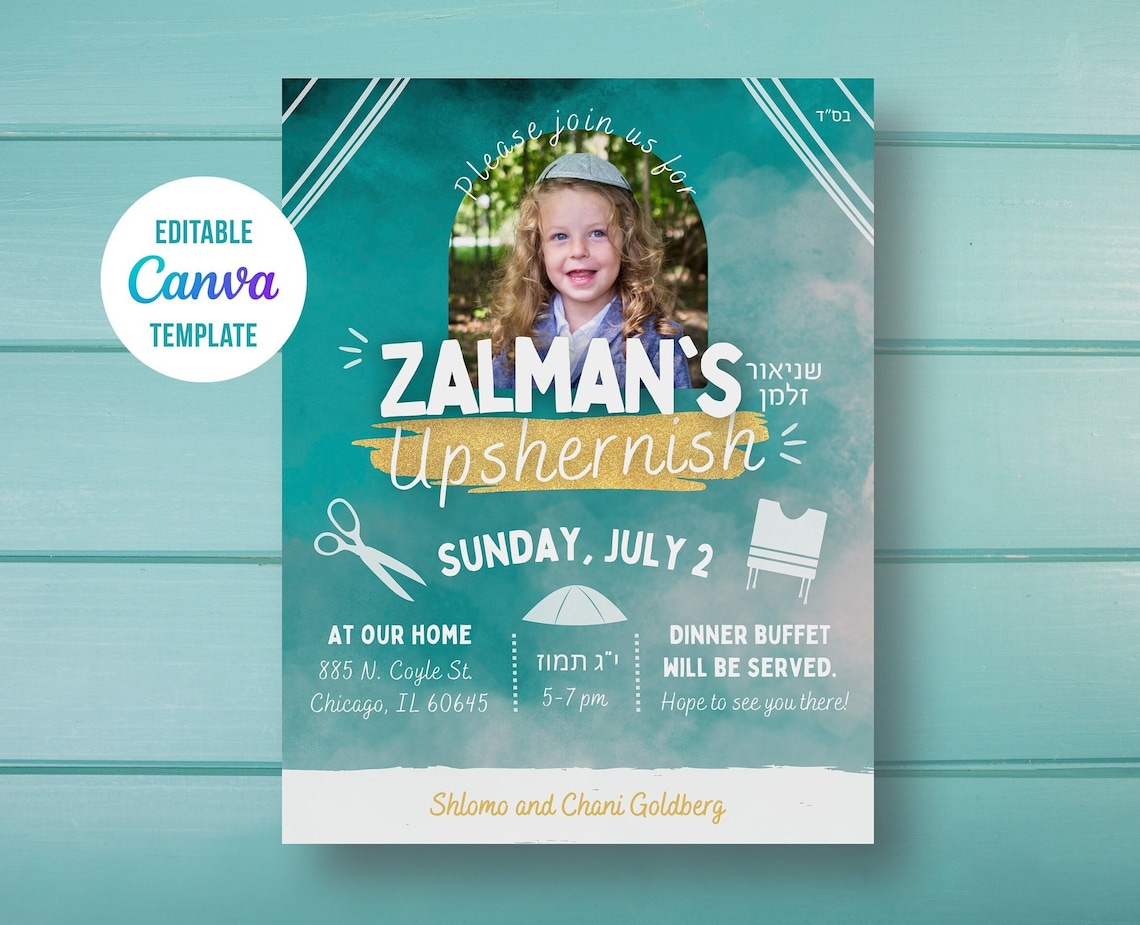 Upsherin Invitation, Personalized Photo Upshernish Invite, Teal and ...