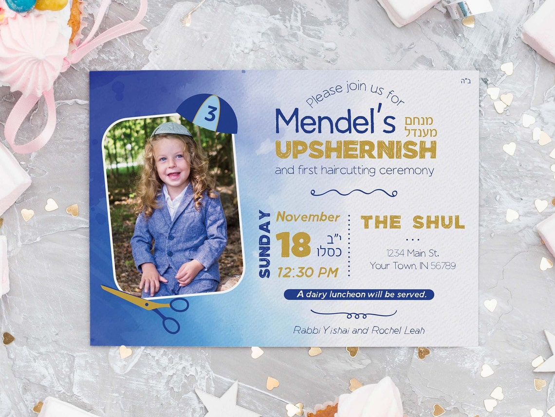 Upsherin Invitation, Personalized Photo Upshernish Invite, Blue and ...