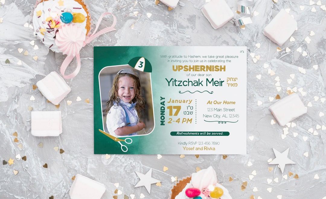 Upsherin Invitation, Personalized Photo Upshernish Invite, Green and ...