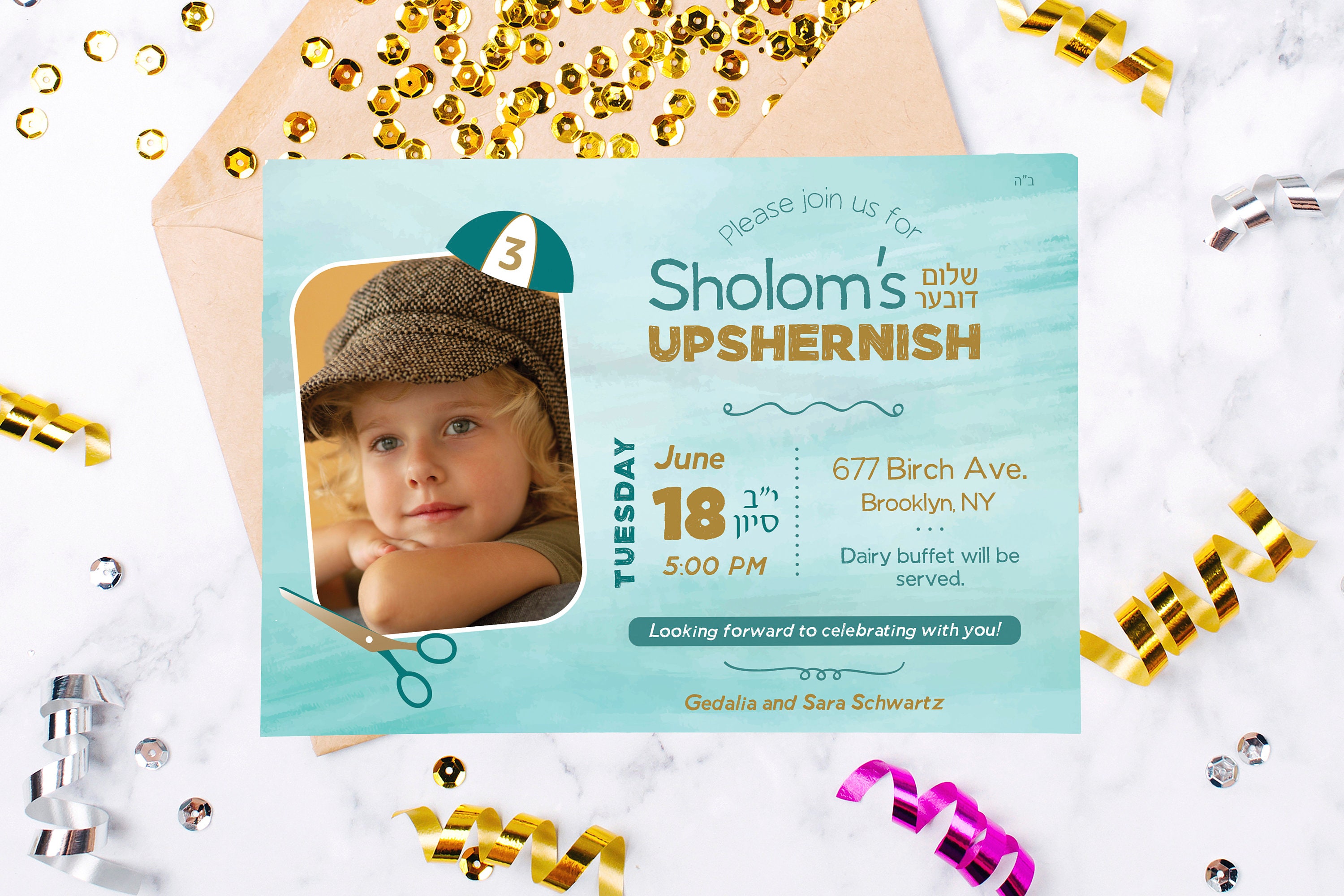 Upsherin Invitation, Personalized Photo Upshernish Invite, Aqua and ...