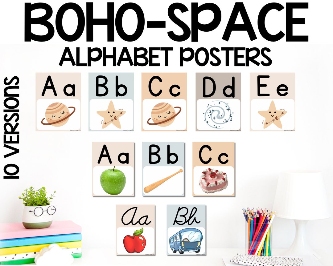 Alphabet Posters Boho Space Themed Primary Cursive& - Etsy