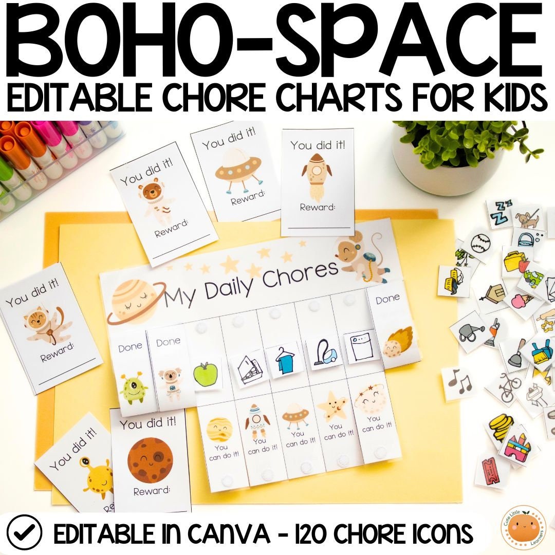 Boho Space Printable Chore Charts, Editable Visual Schedule & Chore ...
