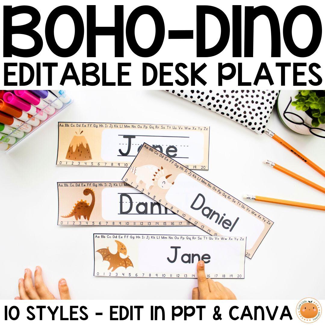 Editable Desk Name Tags With Letters and Numbers Boho Dinosaur Themed ...
