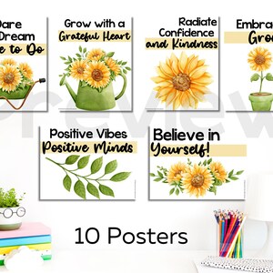 Sunflowers Themed Growth Mindset Posters - Motivational Notes, Bulletin ...