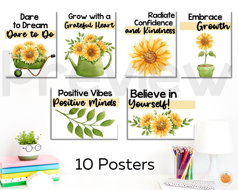 Sunflowers Themed Growth Mindset Posters Motivational Notes, Bulletin ...
