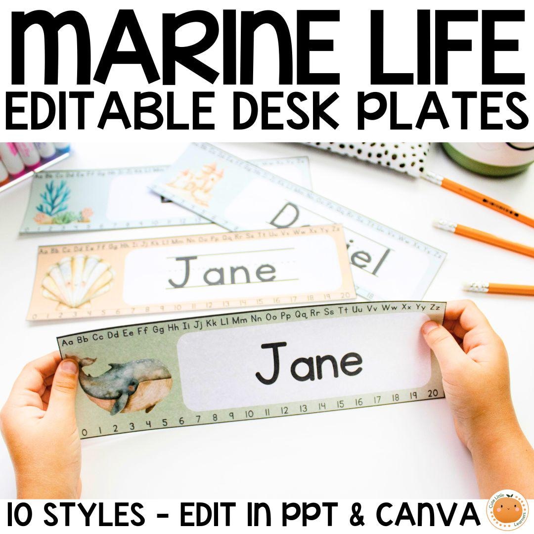 Editable Desk Name Tags With Letters and Numbers Marine Life Themed ...