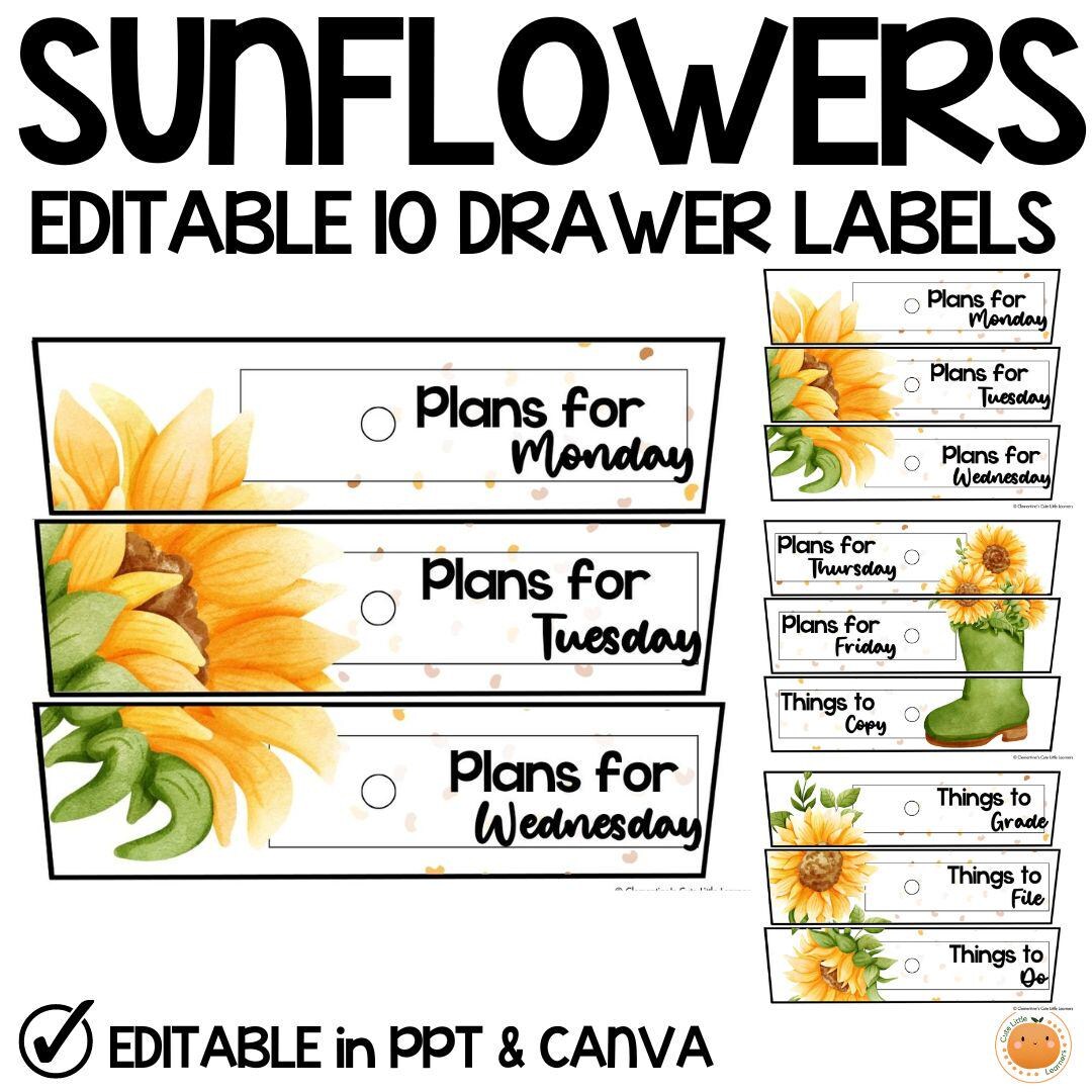 Editable 10 Drawer Rolling Cart Labels Set Bright Sunflower Themed ...