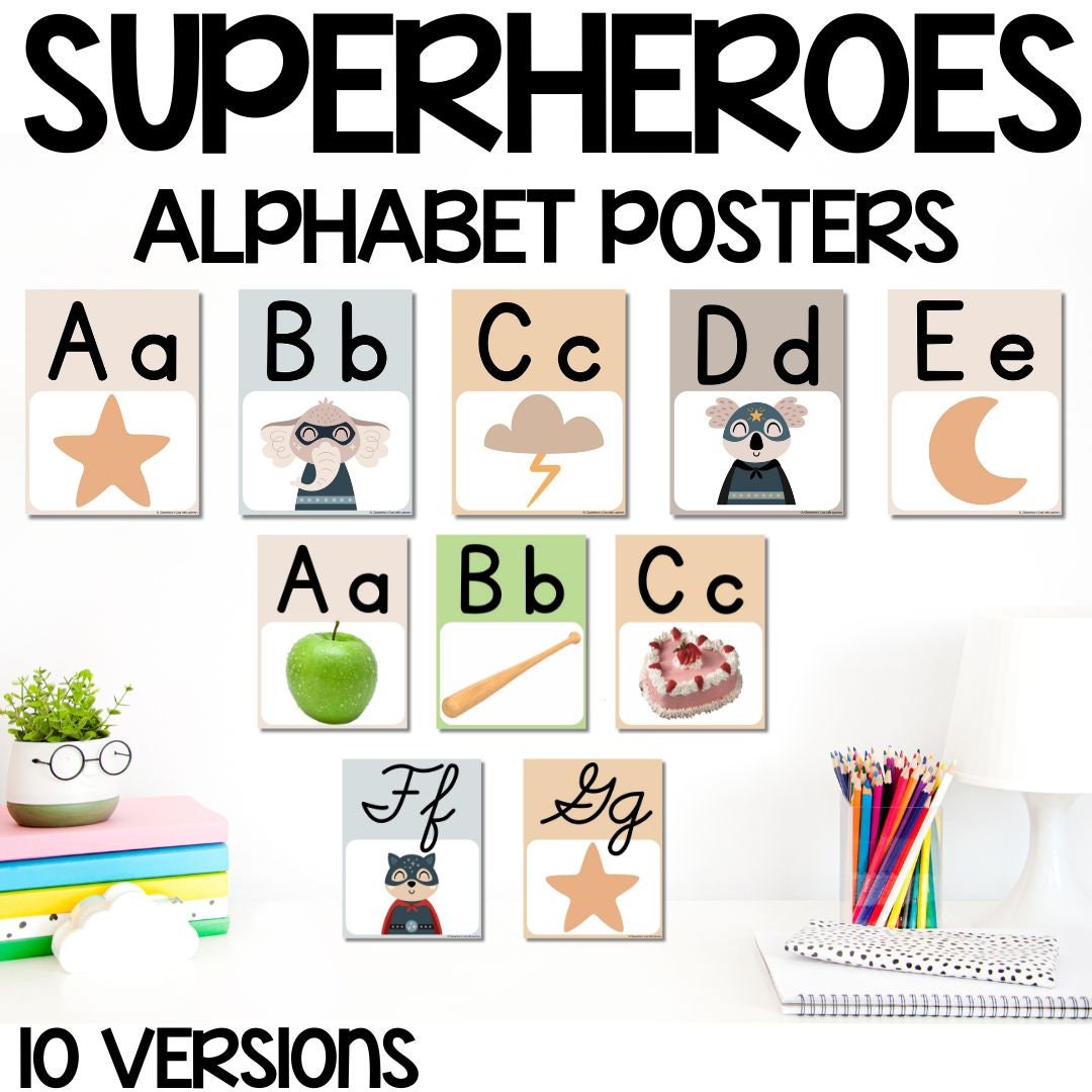Alphabet Posters Superheroes Themed Primary, Cursive & Decorative Fonts ...