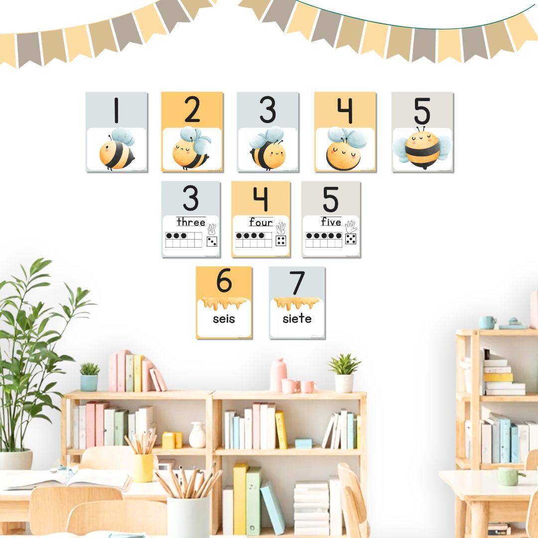 Bee Themed Number Posters for Classroom Decor, Spanish Version Included ...