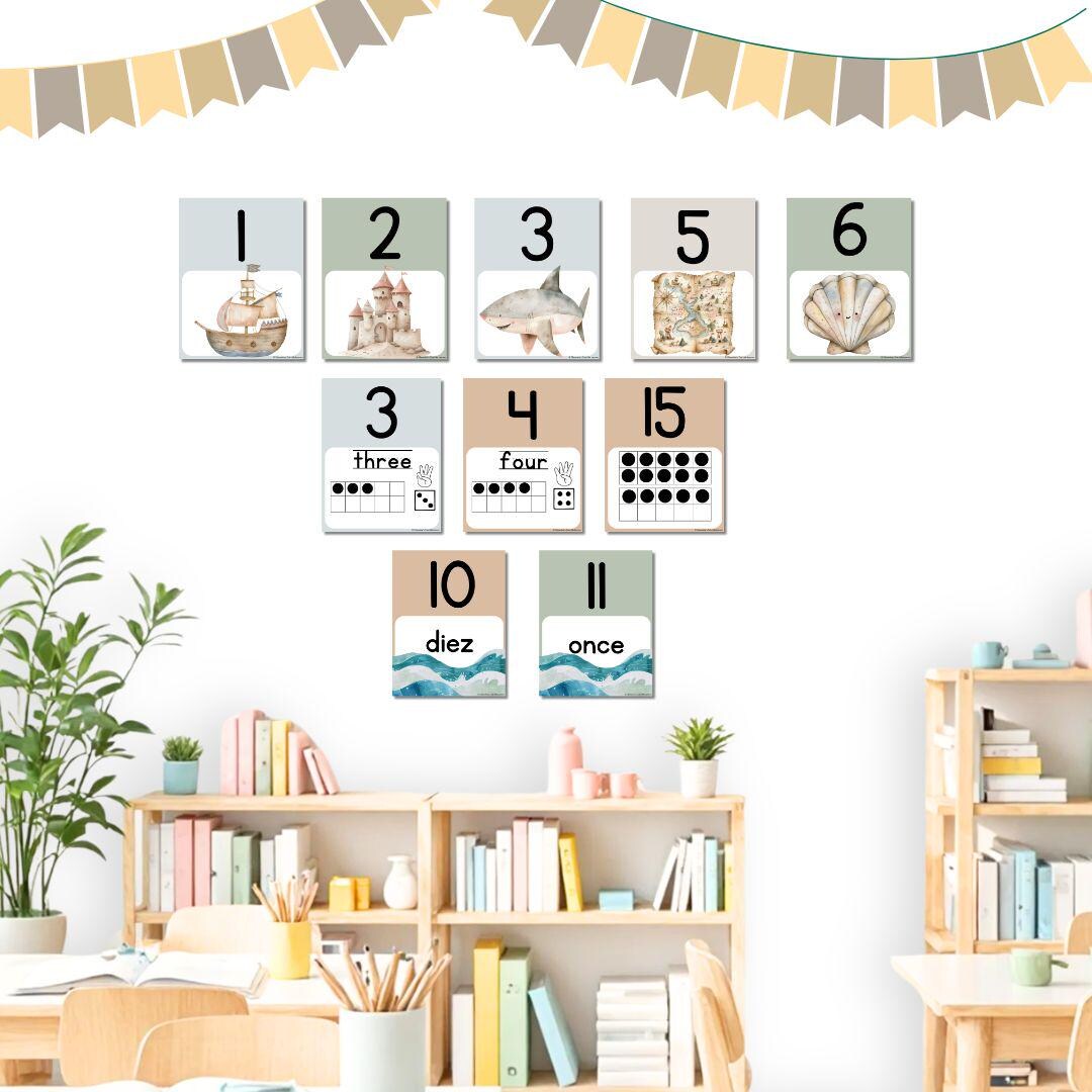 Marine Life Friends Themed Number Posters for Classroom Decor, Spanish ...