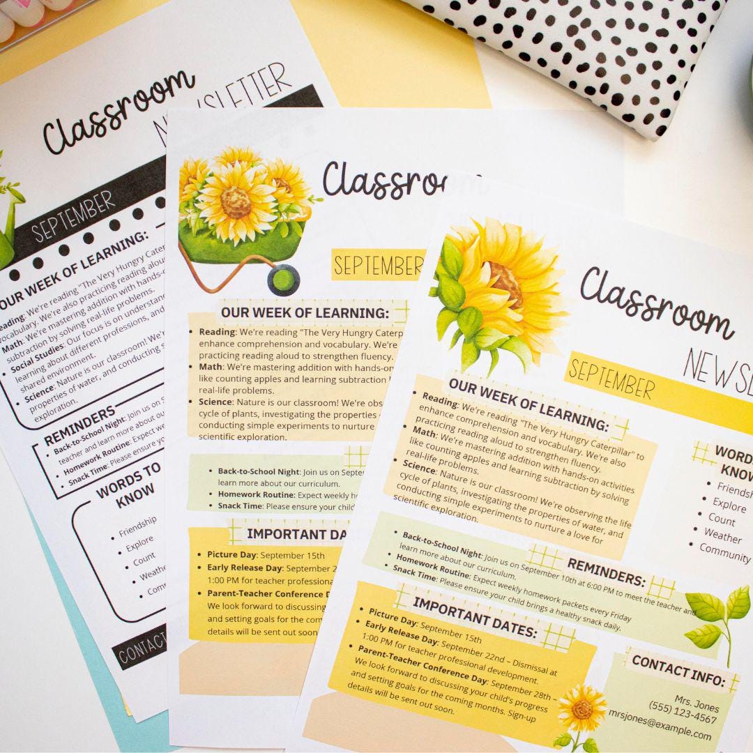 Sunflowers Editable Classroom Newsletter Templates, Weekly & Monthly ...