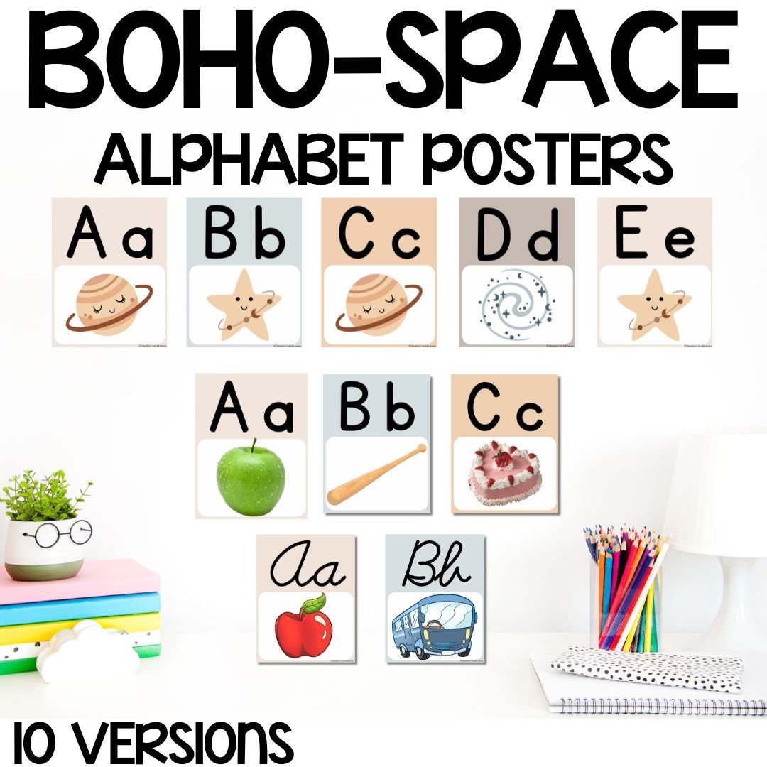 Alphabet Posters Boho Space Themed Primary, Cursive & Decorative Fonts ...