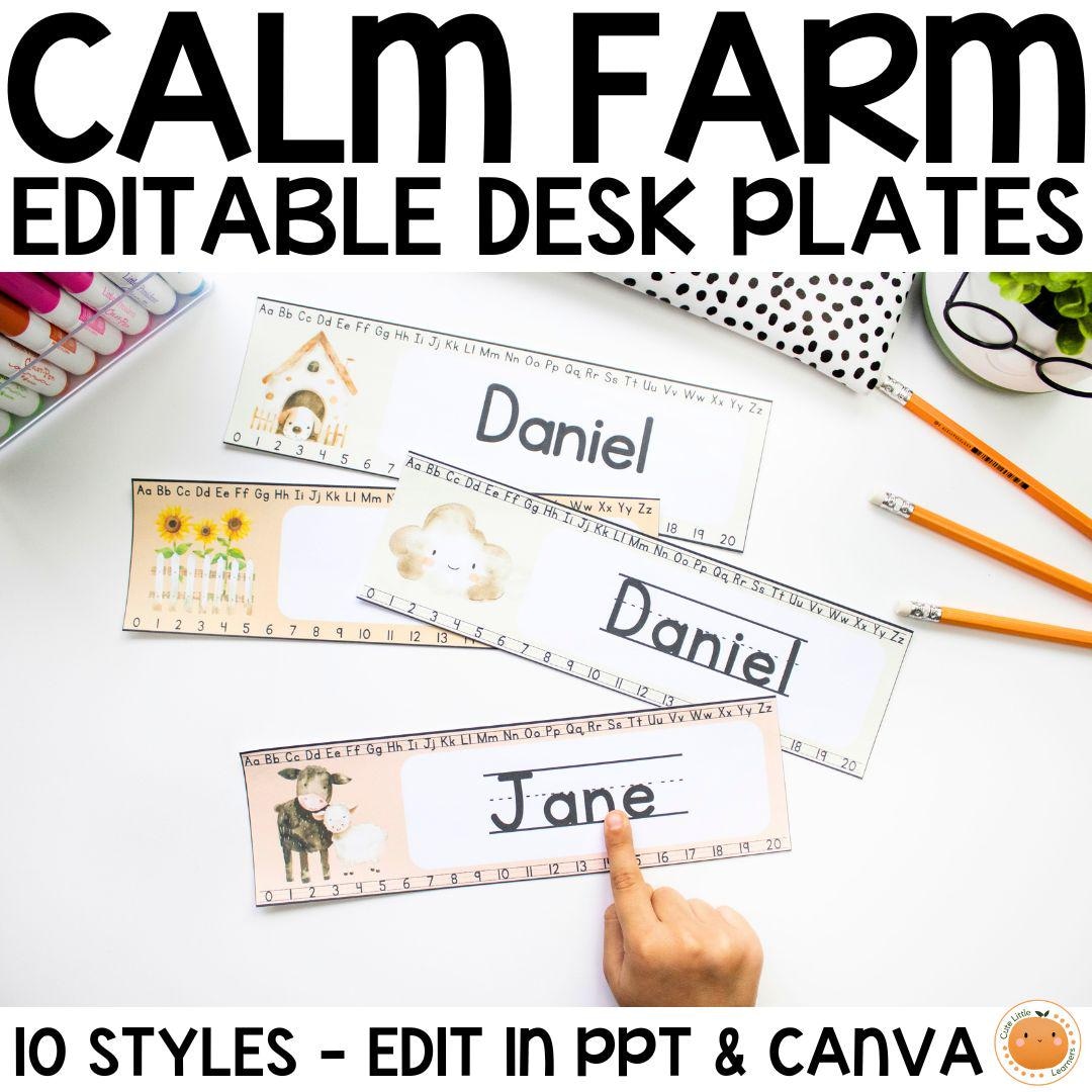 Editable Desk Name Tags With Letters and Numbers Calm Farm Themed ...