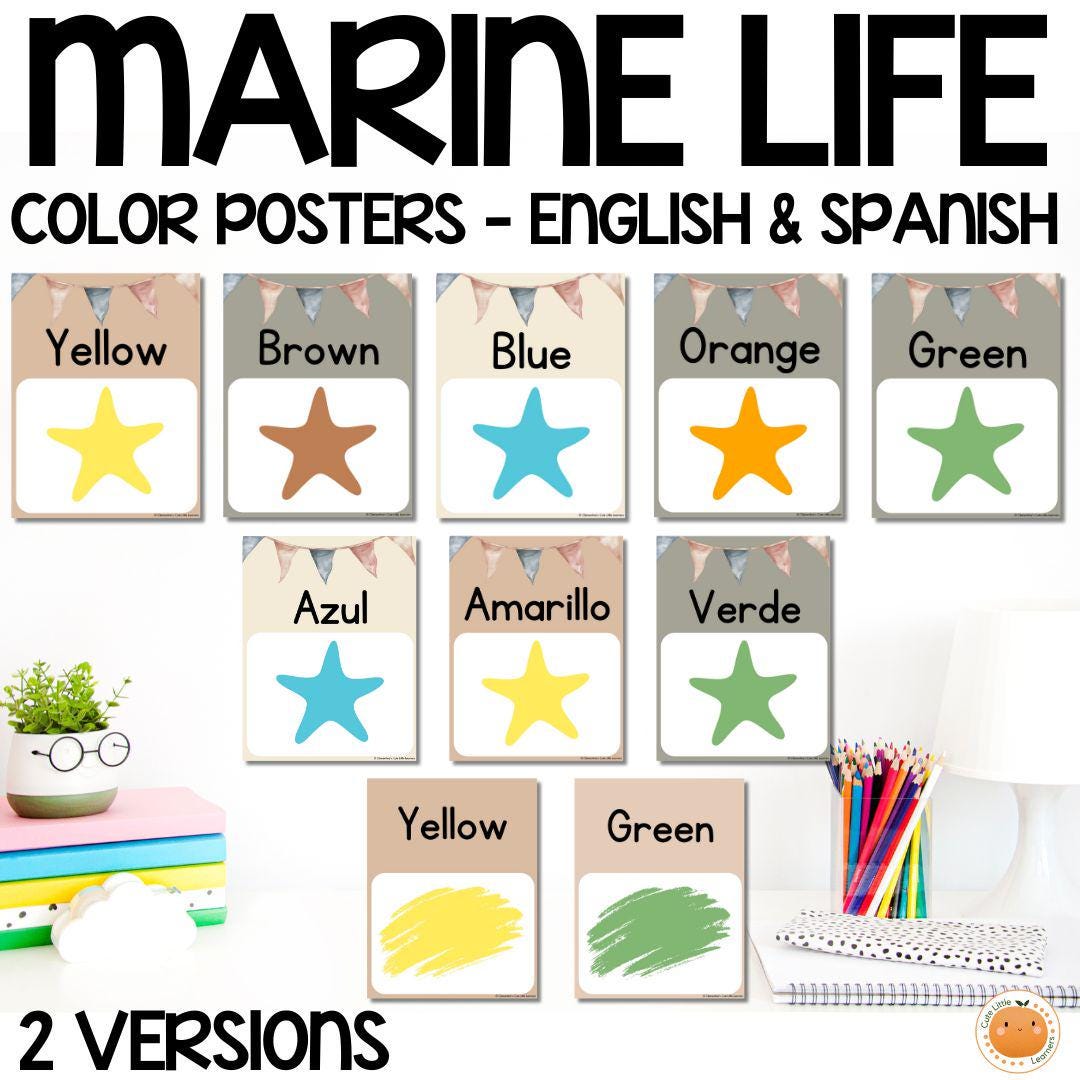Marine Life Themed Color Posters English & Spanish for Classroom Decor ...
