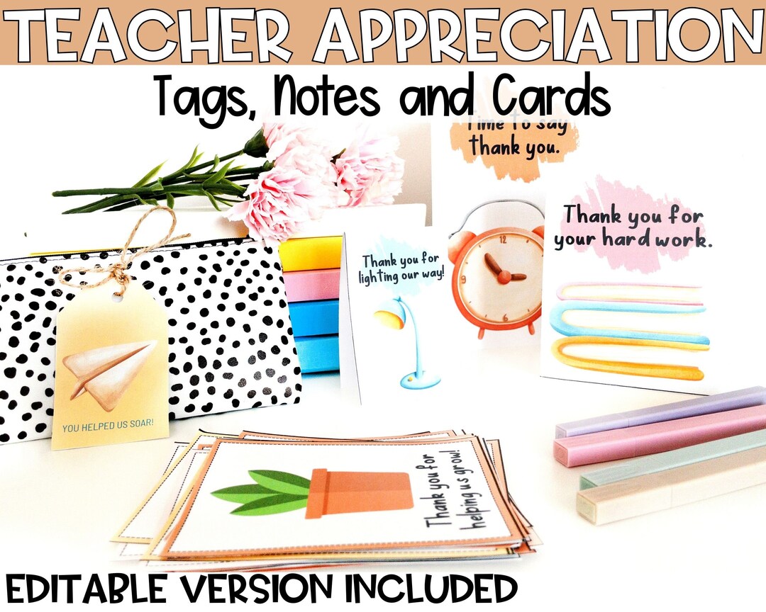 Teacher Appreciation Gift Tags Notes and Cards Editable in - Etsy