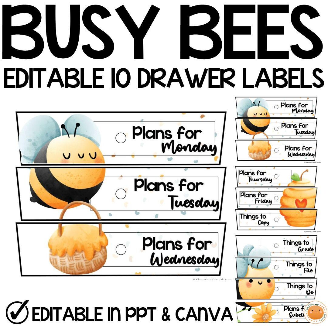 Editable 10 Drawer Rolling Cart Labels Set Busy Bee Themed Editable ...