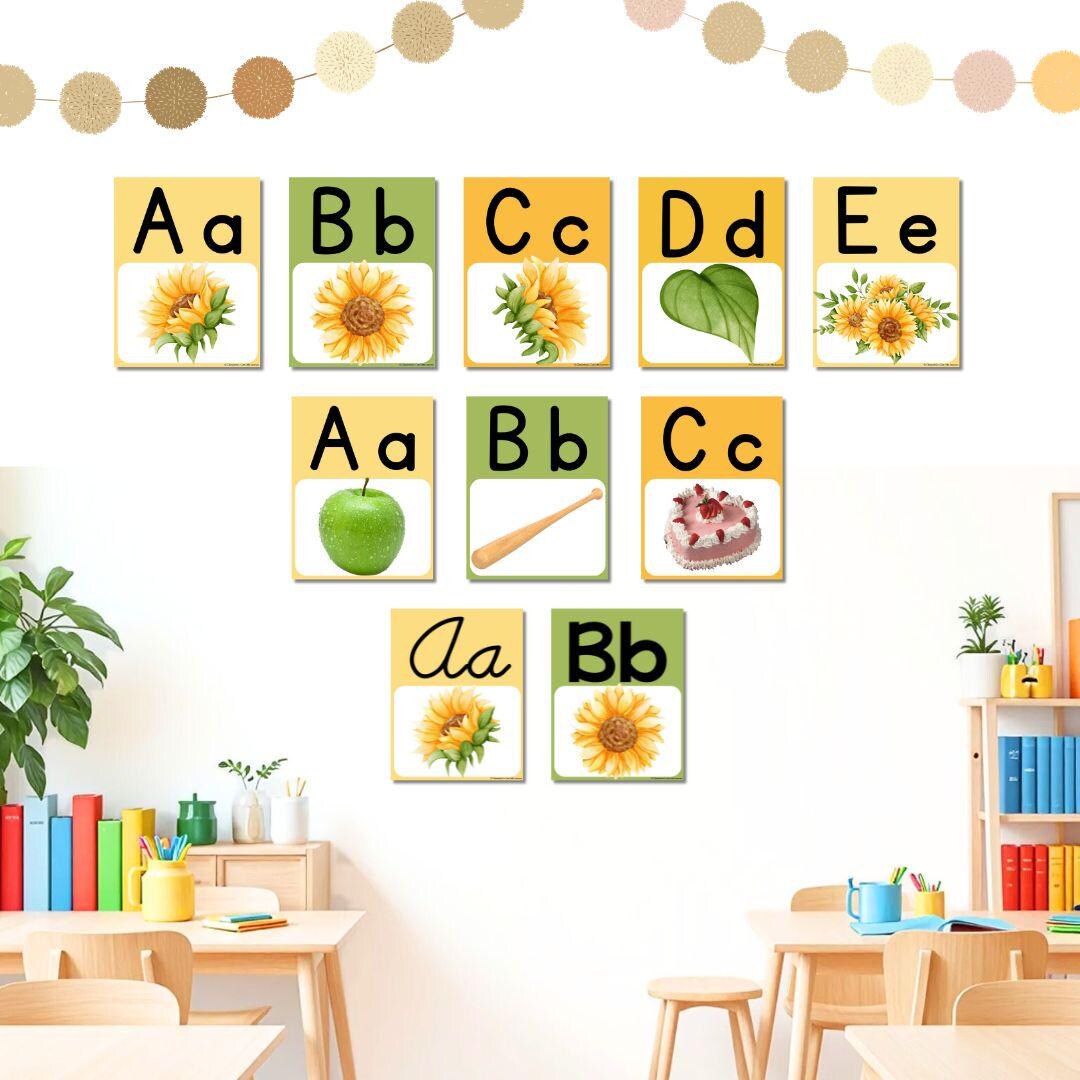 Sunflower Themed Alphabet Posters for Classroom Decor & Bulletin Board ...