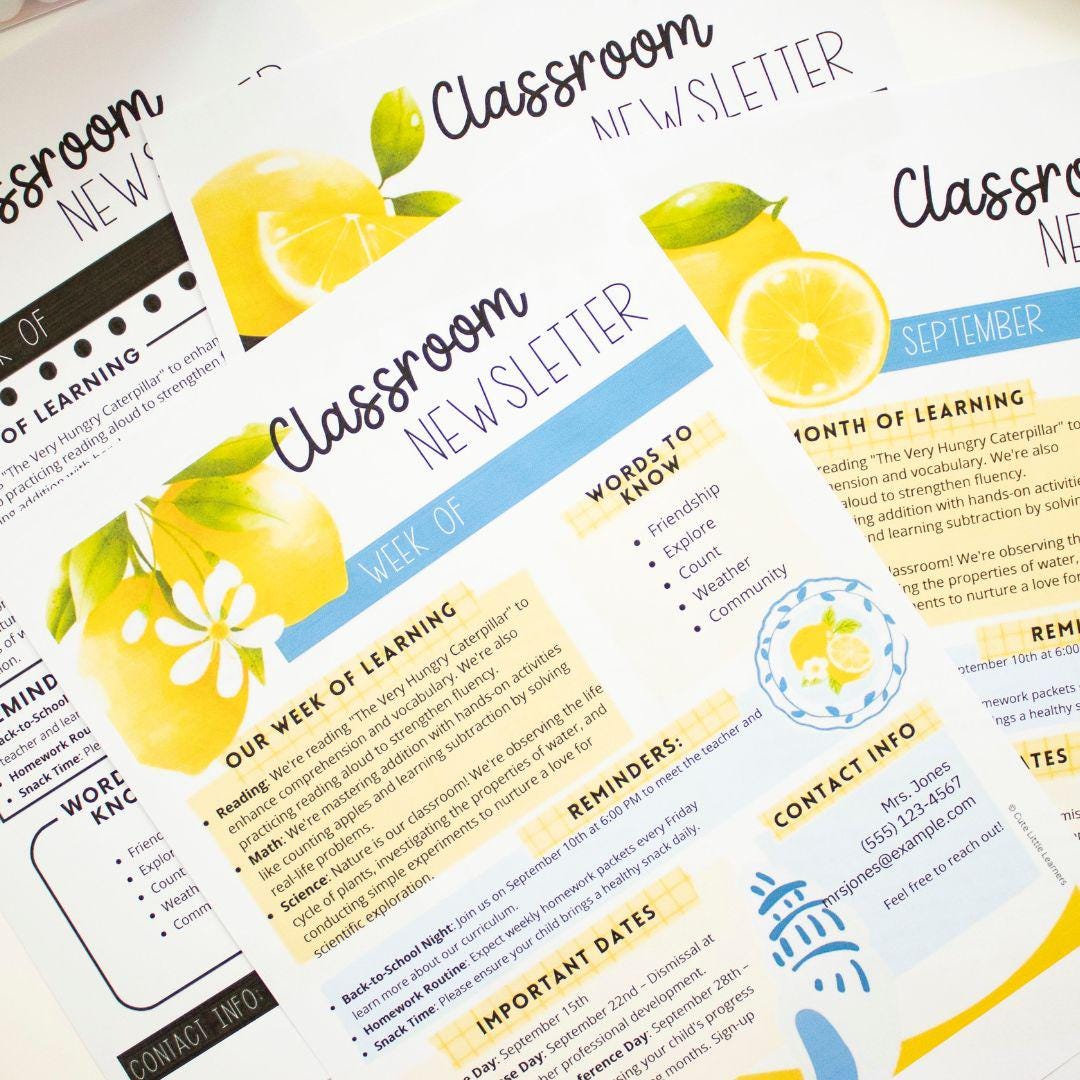 Coastal Lemon Editable Classroom Newsletter Templates, Weekly & Monthly ...