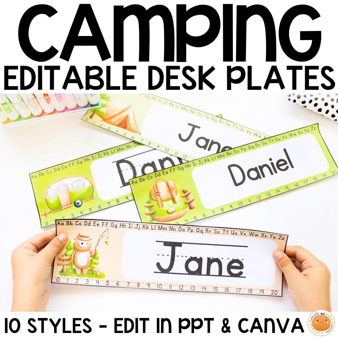 Editable Desk Name Tags With Letters and Numbers Camping Friends Themed ...