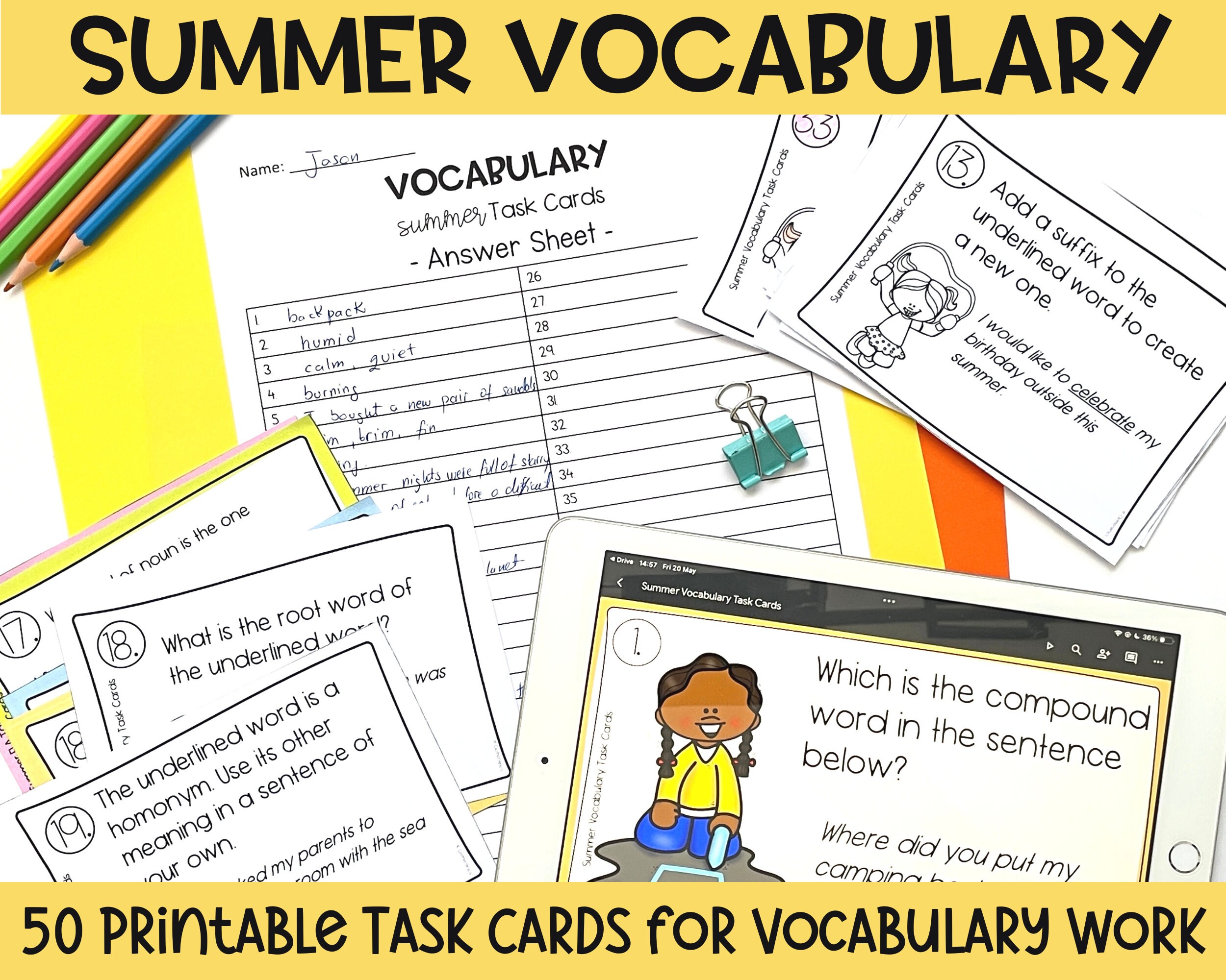 Summer Words Task Cards Summer Themed Vocabulary Printable - Etsy