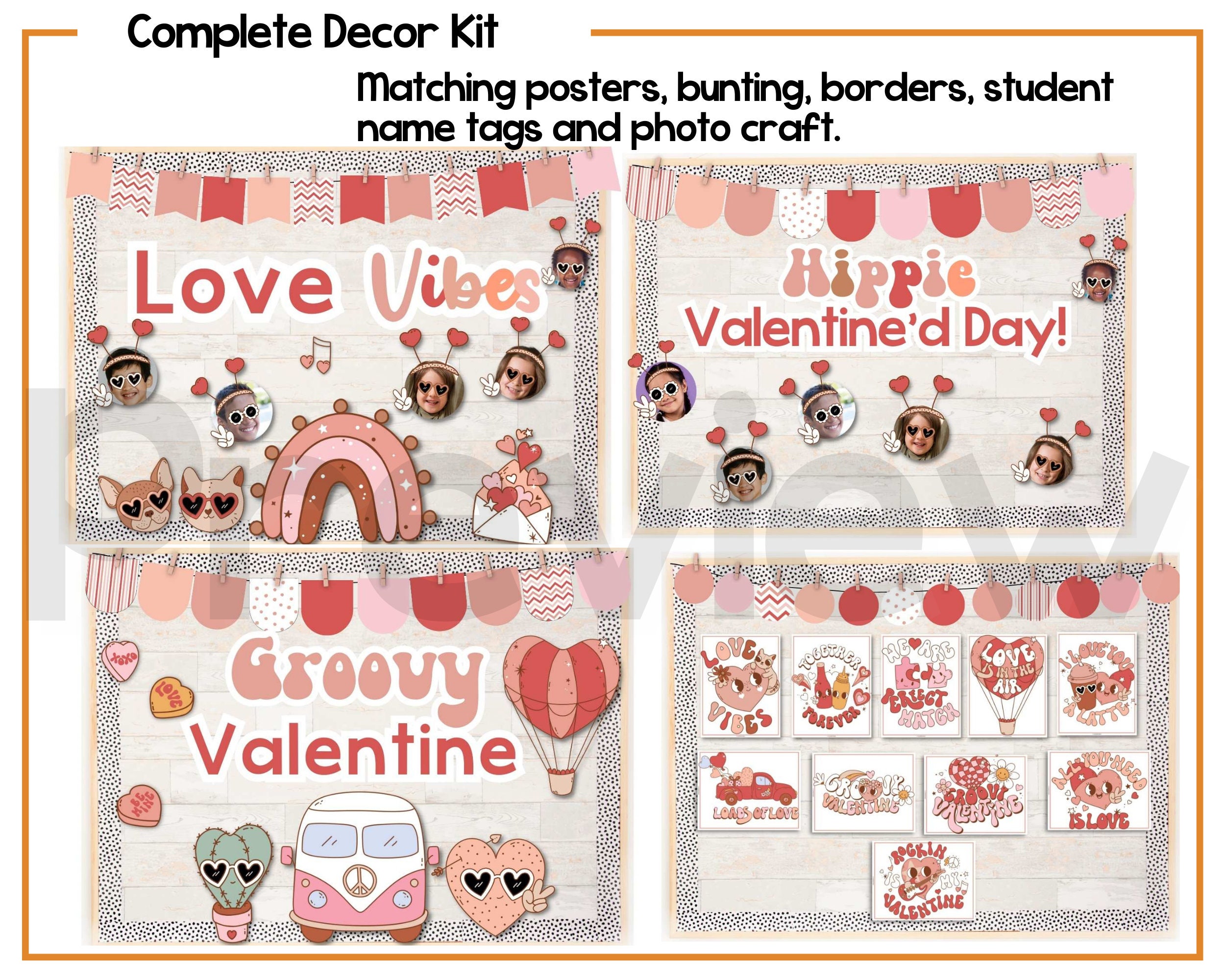 Retro Valentine's Day Classroom Decor and Bulletin Board Kit Editable ...