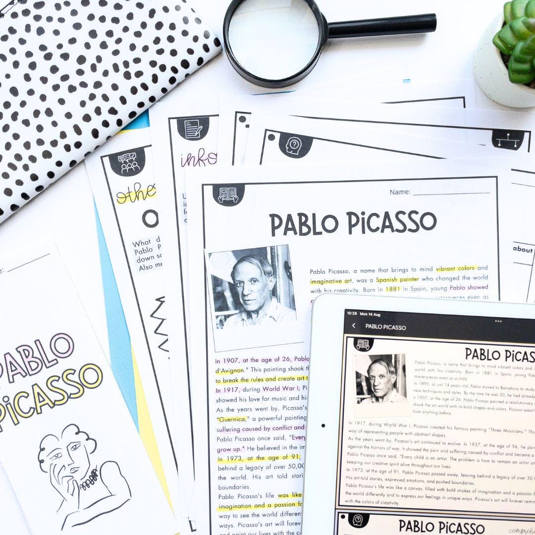 Pablo Picasso - Printable Biography Pack, Reading Comprehension, Quote ...