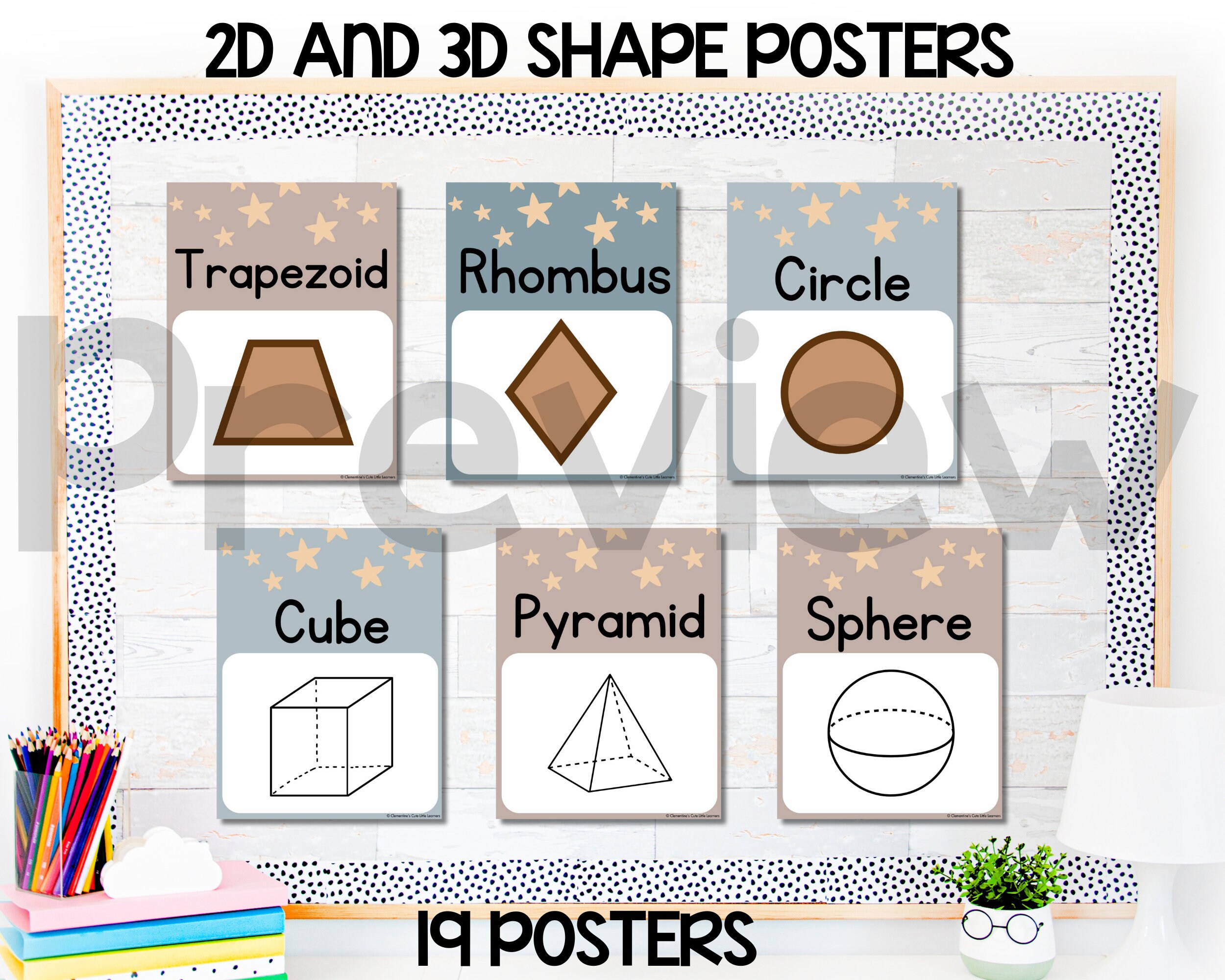 Boho-space Themed 2D and 3D Shape Posters for Bulletin Boards and Back ...