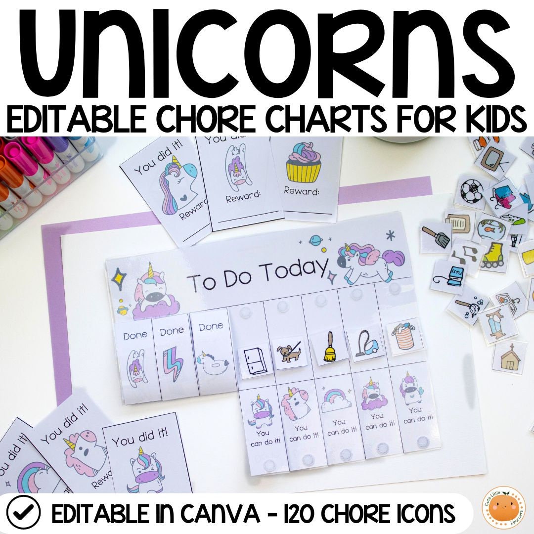 Printable Chore Charts Unicorn Themed, Editable Visual Schedule & Chore ...