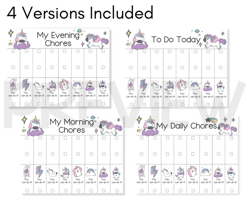 Printable Chore Charts Unicorn Themed, Editable Visual Schedule & Chore ...