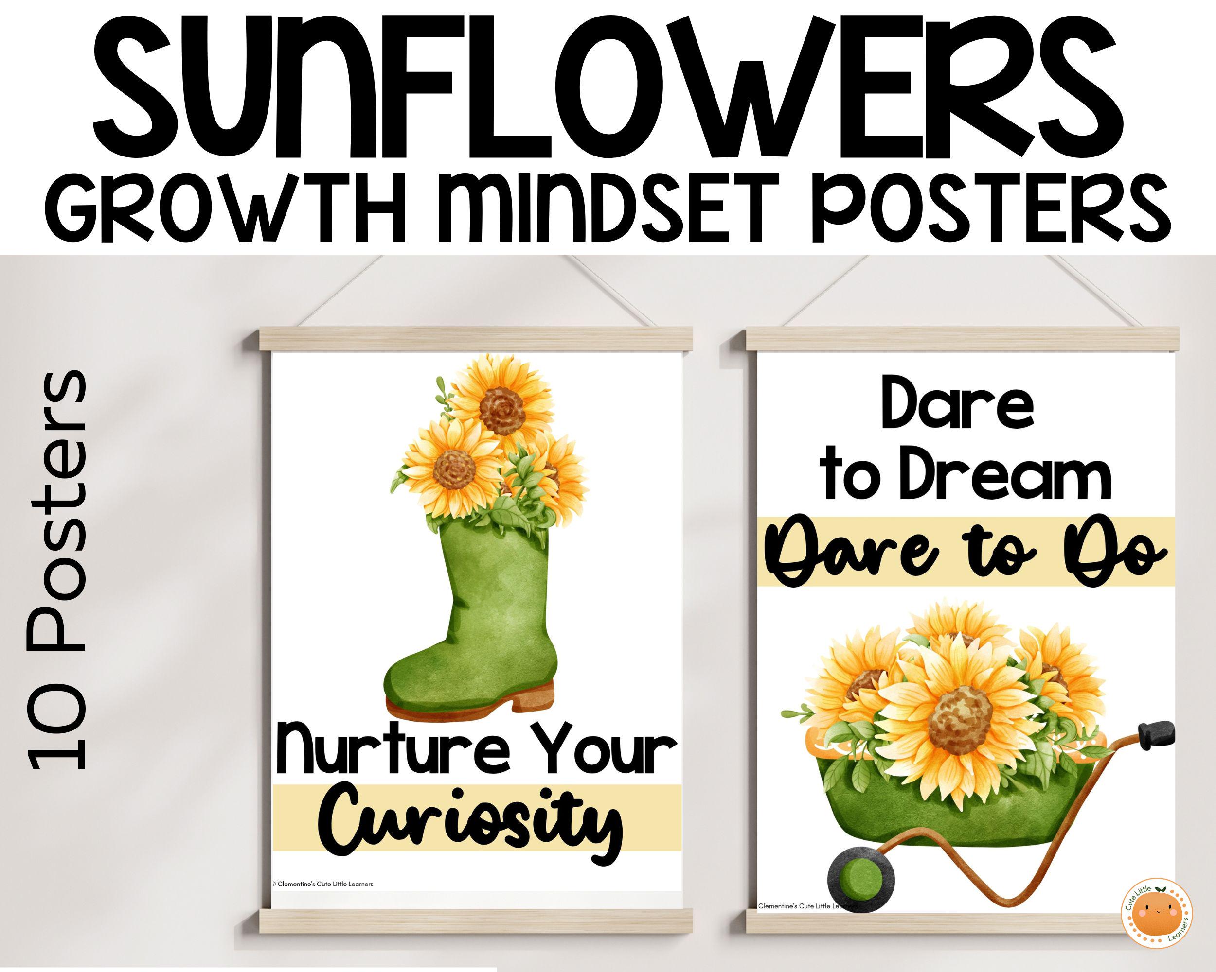 Sunflowers Themed Growth Mindset Posters Motivational Notes, Bulletin ...