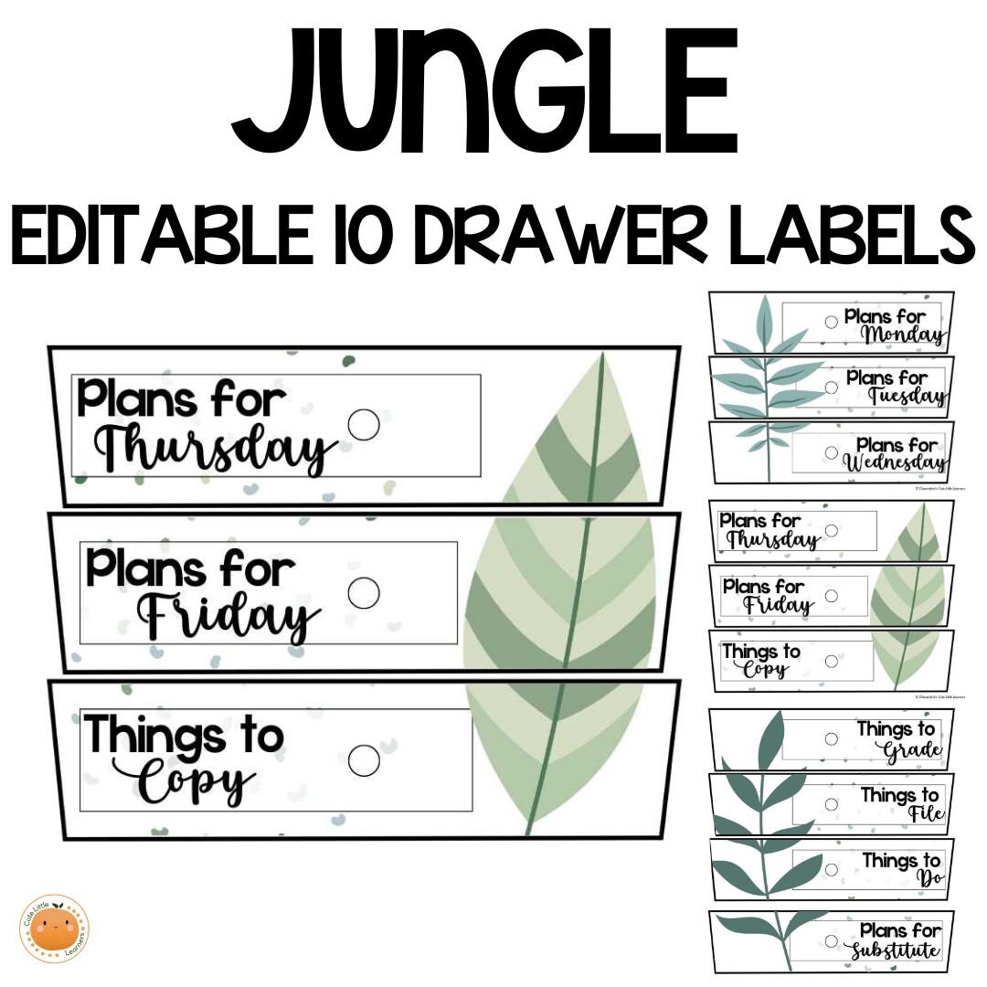 Editable 10 Drawer Rolling Cart Labels Set Jungle Safari Themed ...