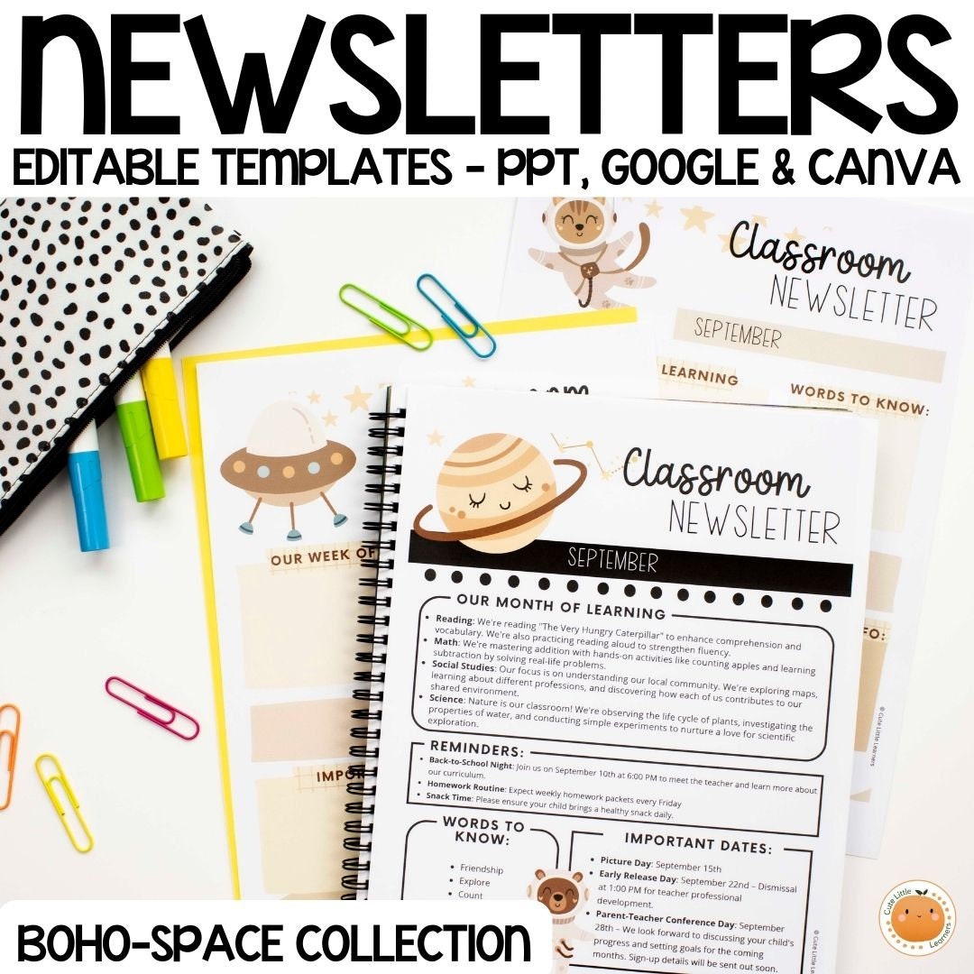 Editable Classroom Newsletter Templates Boho Space Themed, Weekly ...