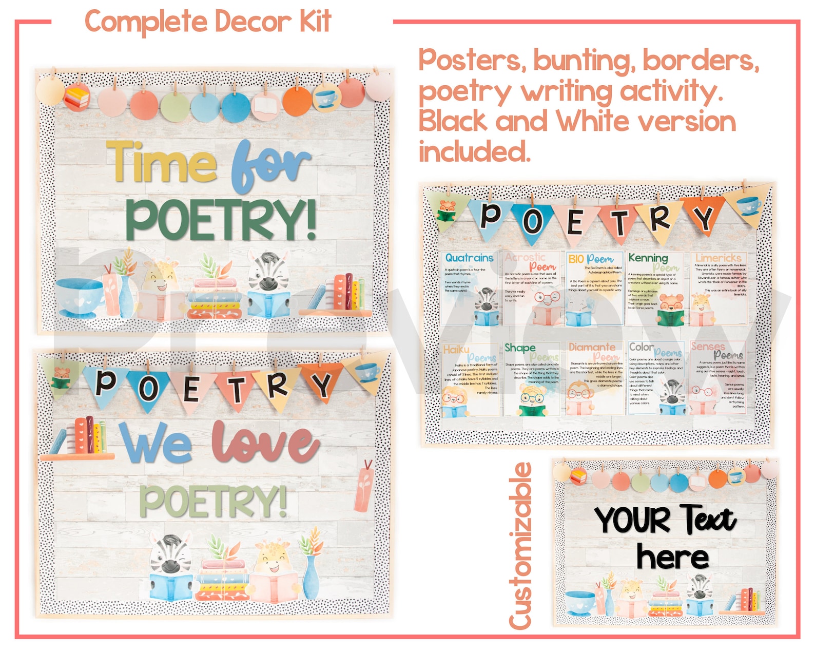 Poetry Bulletin Board & Interactive Classroom Decor Editable Versions ...