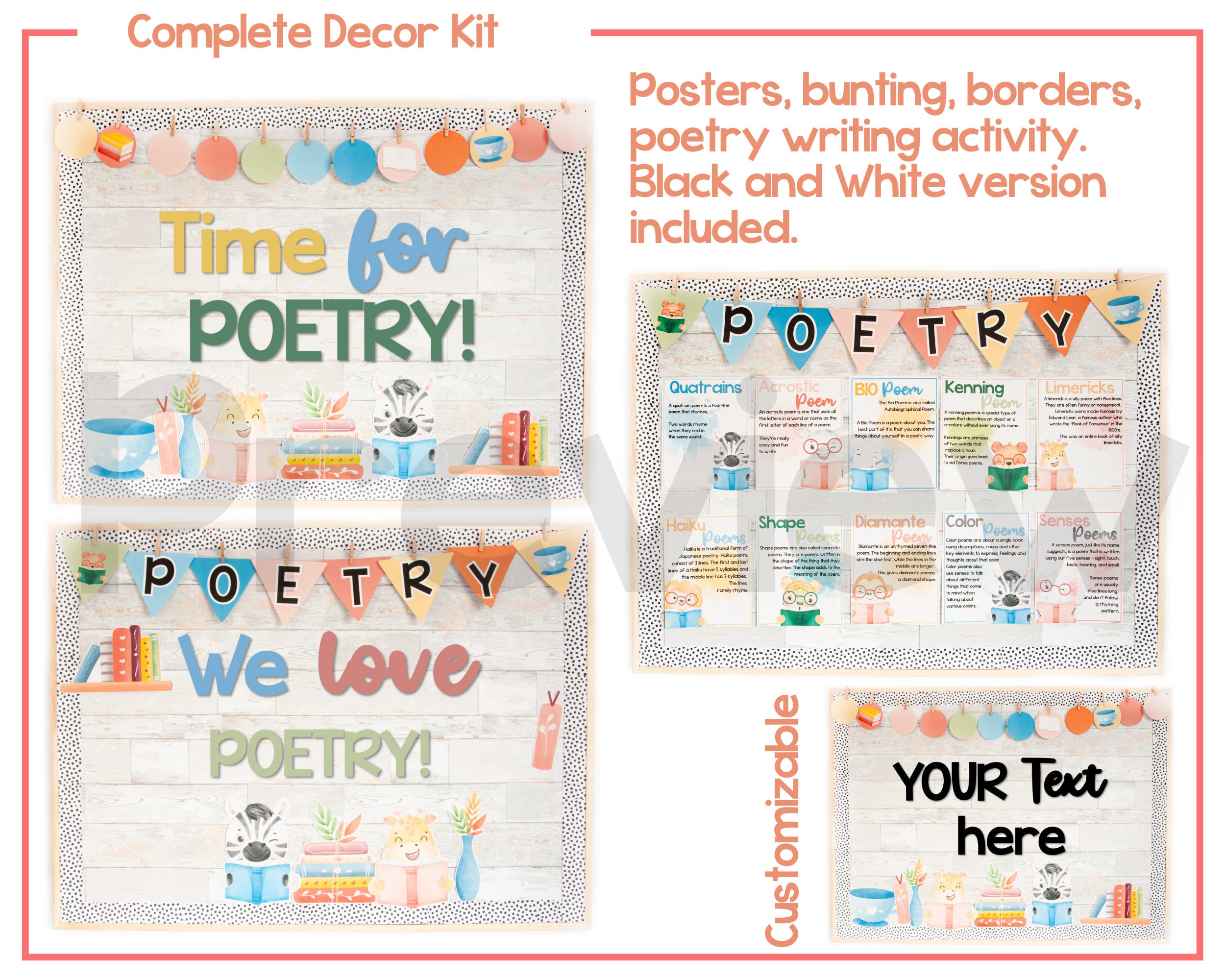 Poetry Bulletin Board & Interactive Classroom Decor Editable Versions ...