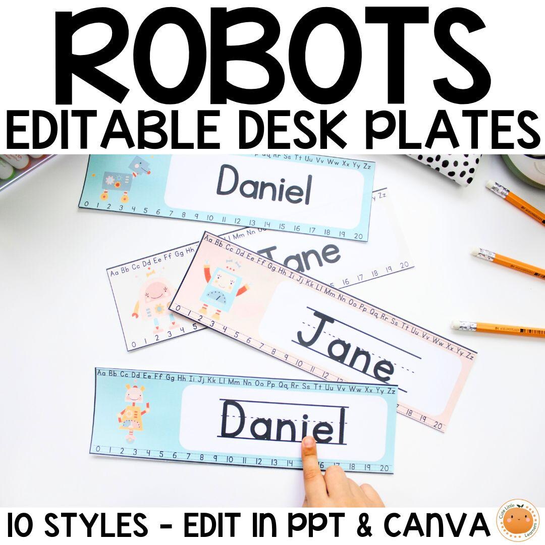 Editable Desk Name Tags With Letters and Numbers Robots and AI Themed ...