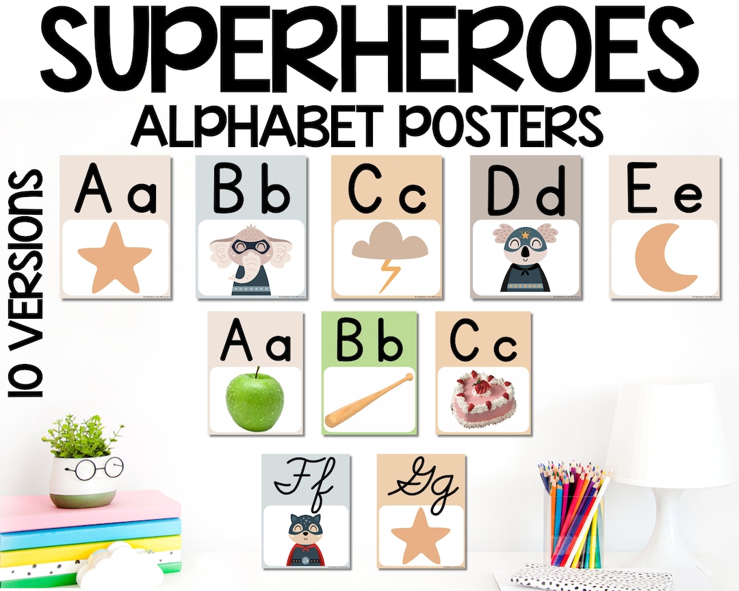 Alphabet Posters Superheroes Themed Primary Cursive & - Etsy