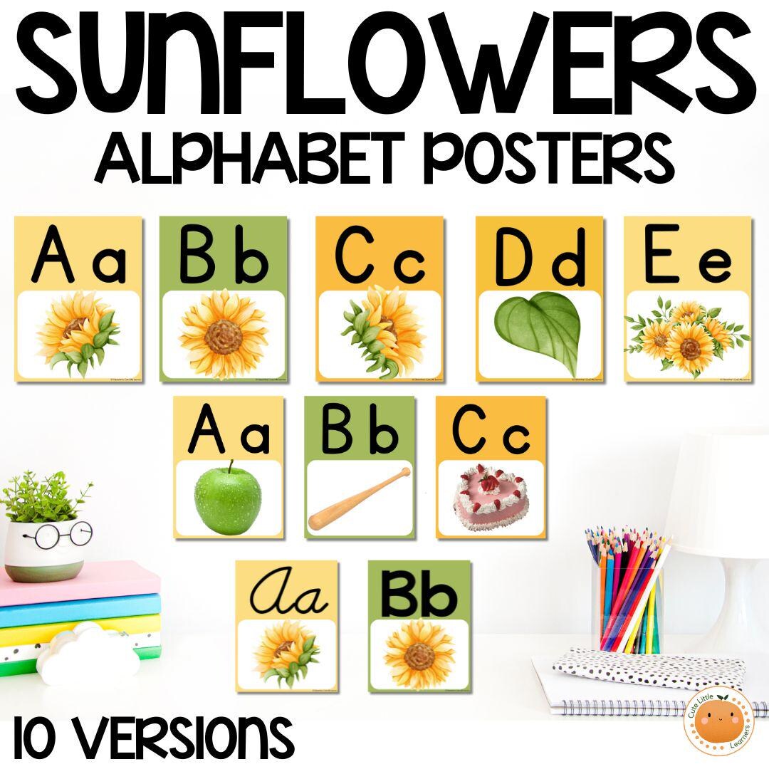 Sunflower Themed Alphabet Posters for Classroom Decor & Bulletin Board ...