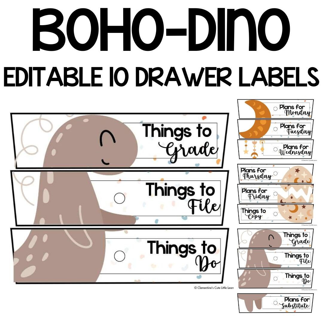 Editable 10 Drawer Rolling Cart Labels Set Boho Dinosaurs Theme ...