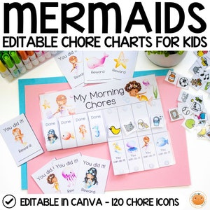 Printable Chore Charts Mermaid Themed, Editable Visual Schedule & Chore ...
