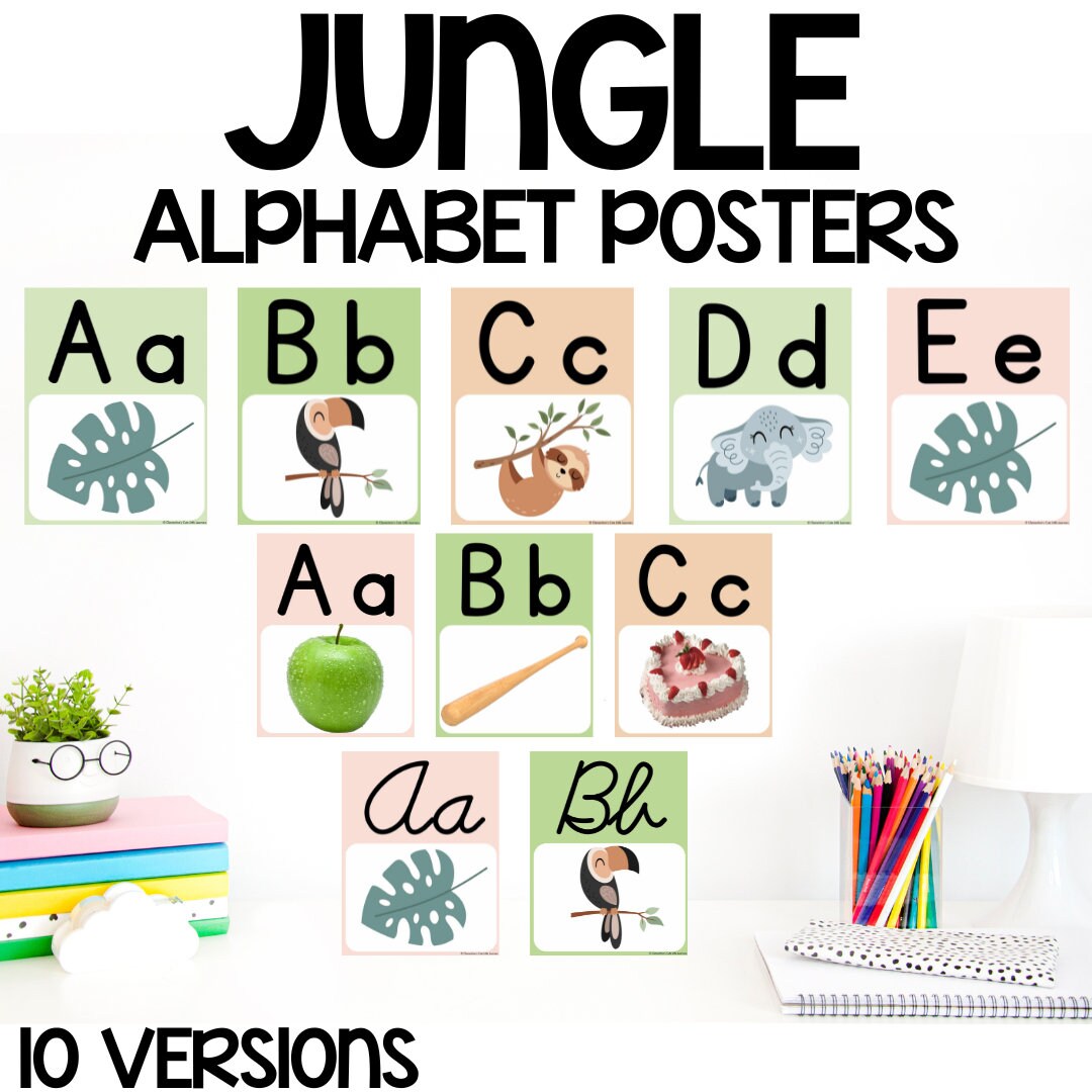 Alphabet Posters Jungle Safari Themed Primary, Cursive & Decorative ...