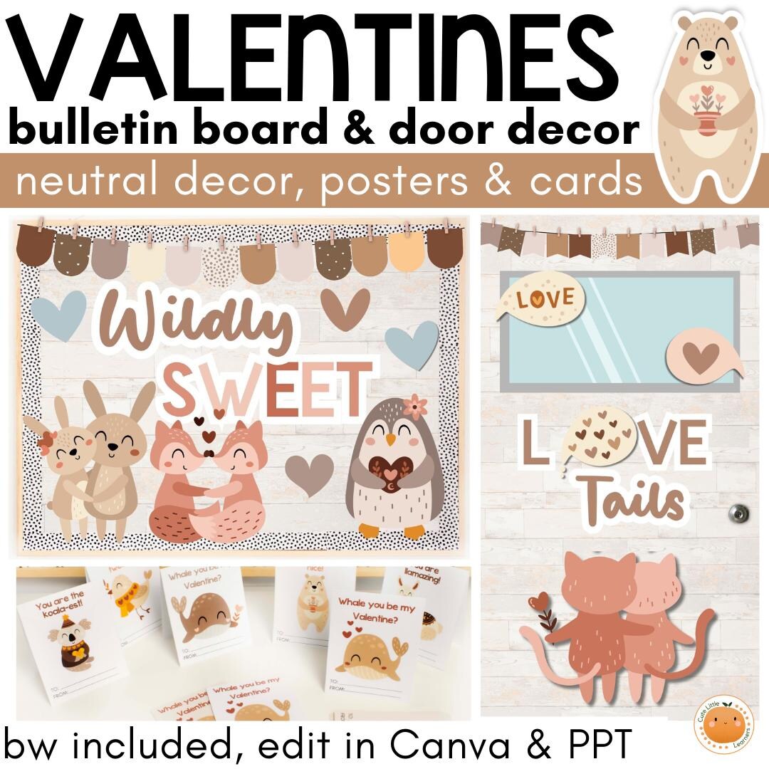 Neutral Valentine's Day Bulletin Board and Door Decor, Animal Themed ...