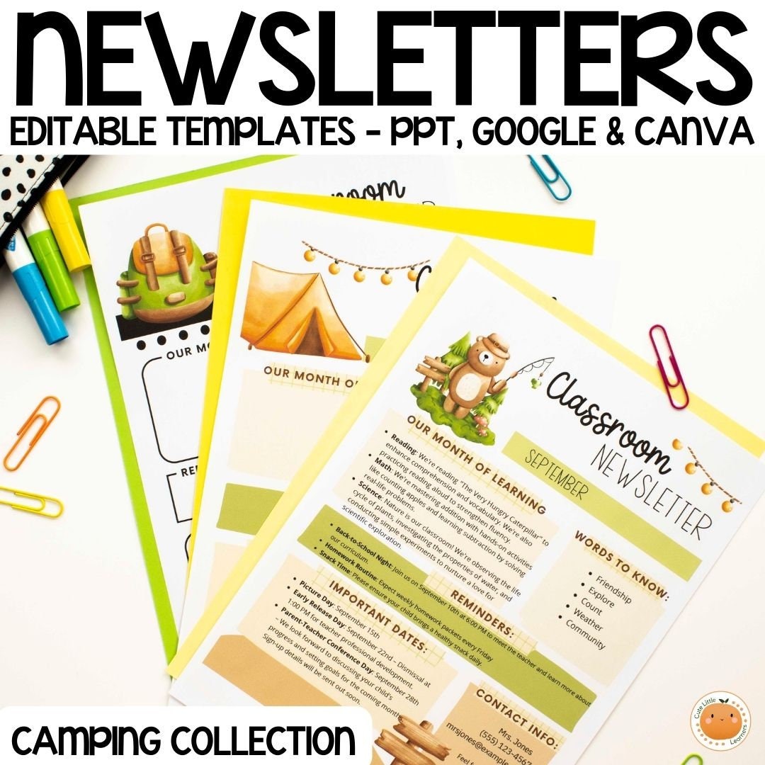Editable Classroom Newsletter Templates Camping Themed, Weekly ...