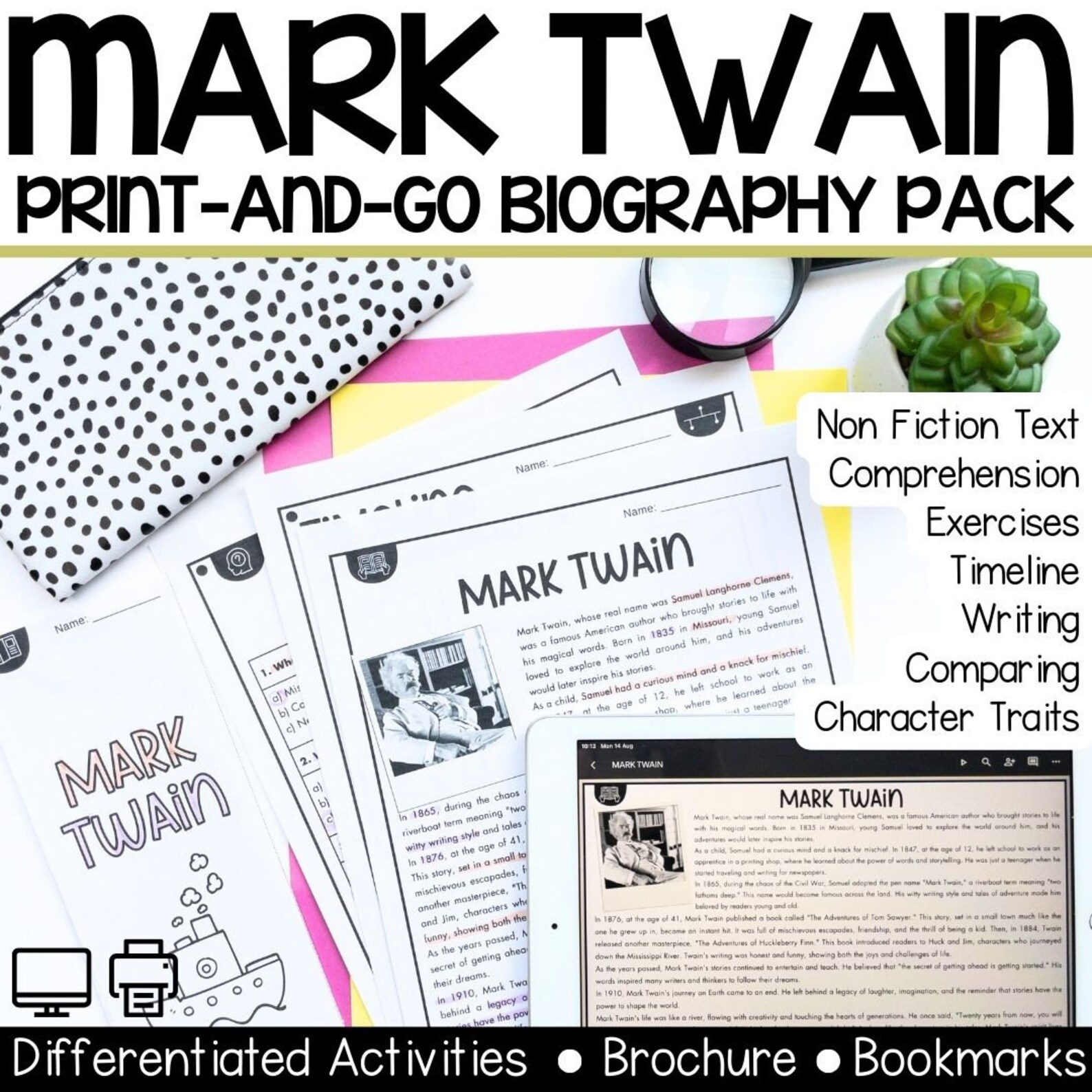 Mark Twain Printable Biography Pack, Reading Comprehension, Quote ...