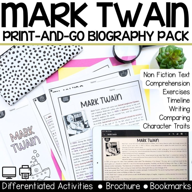 Mark Twain Printable Biography Pack, Reading Comprehension, Quote ...