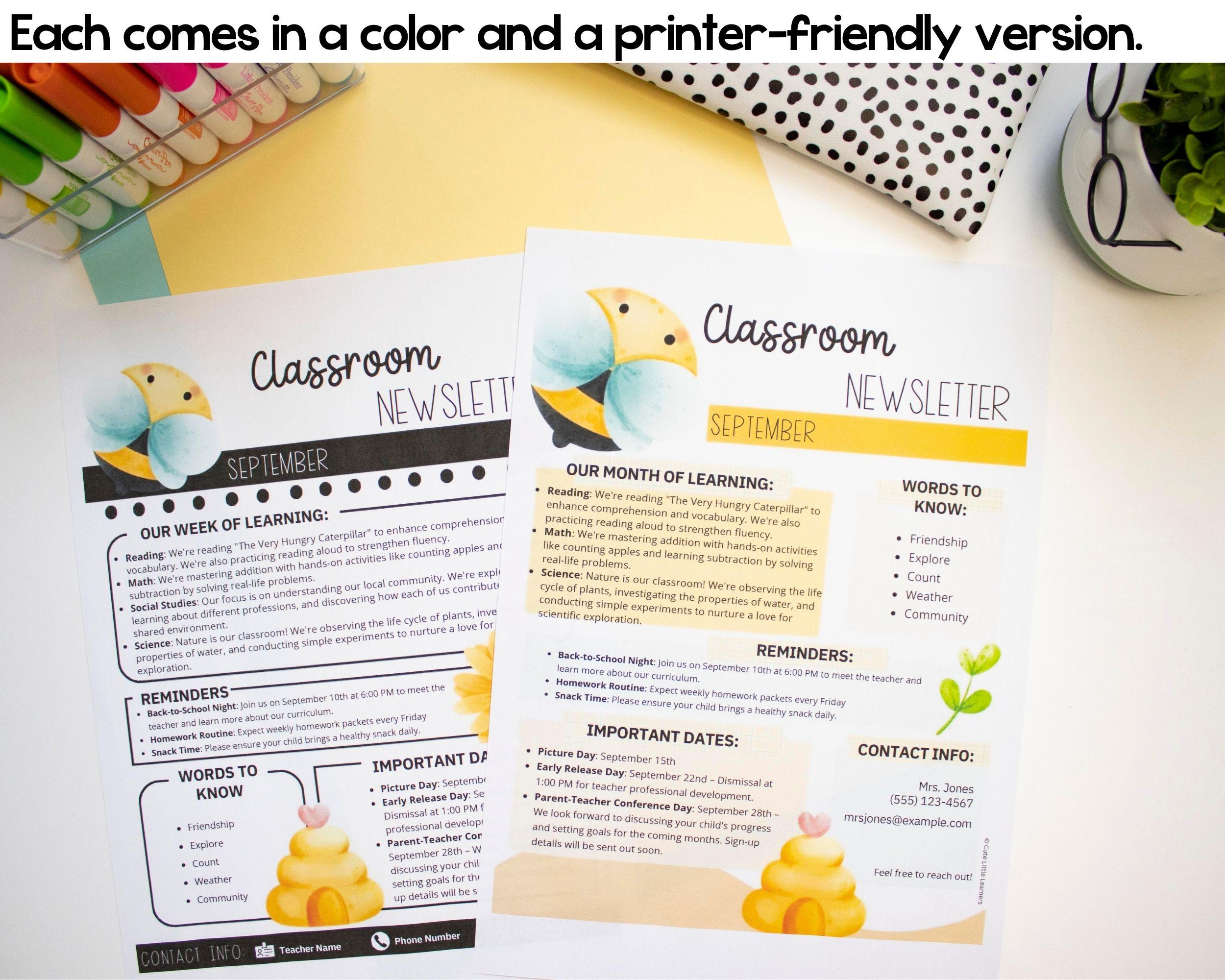 Busy Bees Classroom Newsletter Templates | Editable Weekly and Monthly ...