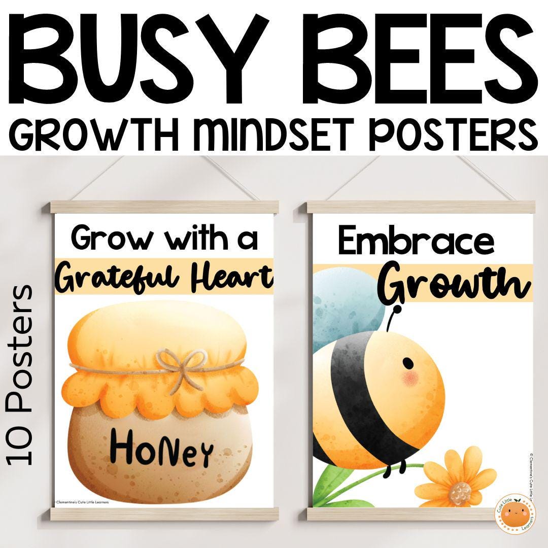 Bee Themed Growth Mindset Posters Motivational Notes, Bulletin Board ...
